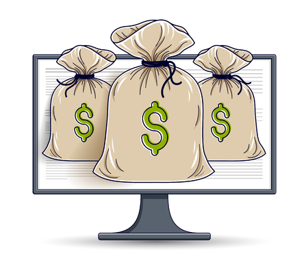 Money bag over computer monitor online banking or bookkeeping concept ...