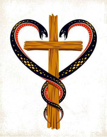 Christian cross and two snakes in a shape of heart, religion symbolism ...