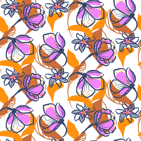 Flower seamless vector pattern in orange and violet colors. Floral ...