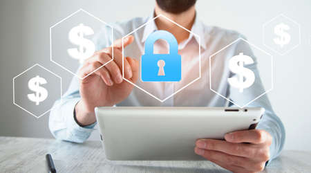 the man with lock security business sign in tablet screen - Stock Image ...