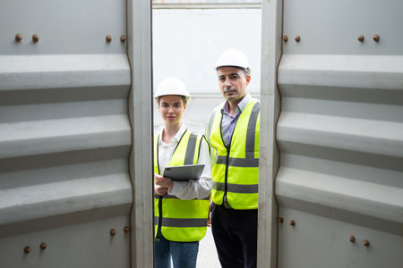 Caucasian men and women freight supervisor wearing safety vest and hat ...