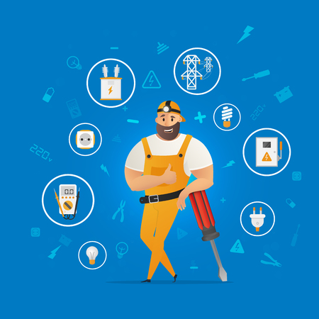 Worker Character with Electrical Equipment Device. Smiling Man in ...