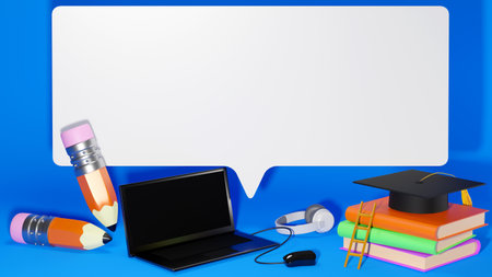 Digital Online Education. 3d render of computer. Application learning ...