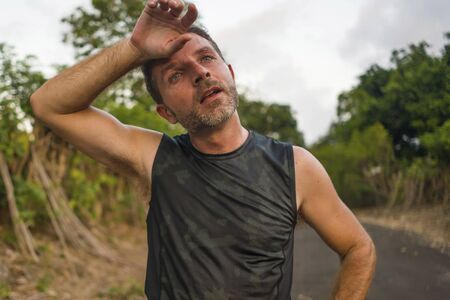 sport and fitness lifestyle portrait of young attractive sweaty and ...