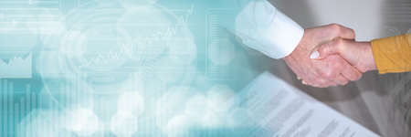 Businesswoman and businessman shaking hands; panoramic banner - Stock ...