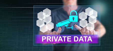 Man touching a private data concept on a touch screen with his fingers ...