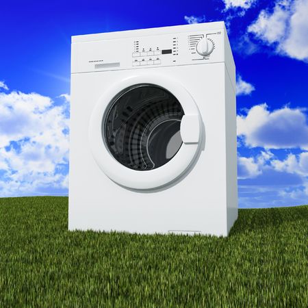 fine 3d washing machine with blue cloudy sky and green grassの写真素材 ...