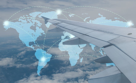 Map over sky with air plane wing; Transportation concept - Stock Image ...