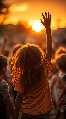 Children of all ages fold their hands in a circle while tuning up and ...