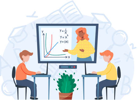 Online learning, teacher of math at computer screen and pupil sitting ...