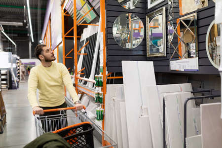 a buyer with a basket walks between the rows in a building materials ...