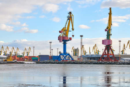 Moored cargo ships and harbor cranes in port. Seaport, cargo container ...
