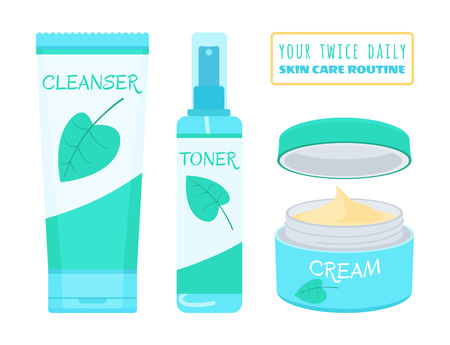 Cleanser, toner and cream. Vector illustration of products for daily ...