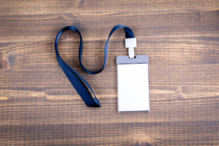 White empty staff identity mockup with blue lanyard. Name tag, ID card ...