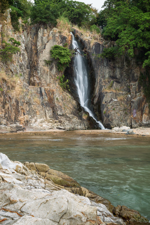 Bay, steep cliff and a waterfall at the Waterfall Bay Park in Hong Kong ...