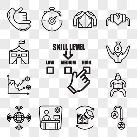Set Of 13 transparent editable icons such as skill level, change ...