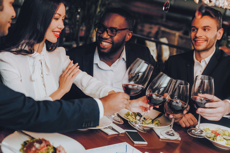 Businessmans Having Meeting In Indoor Restaurant. Group Business People ...