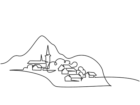 Continuous line drawing. Landscape with village on hill. Vector ...