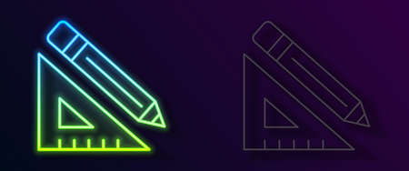 Glowing neon line Triangular ruler and pencil icon isolated on black ...