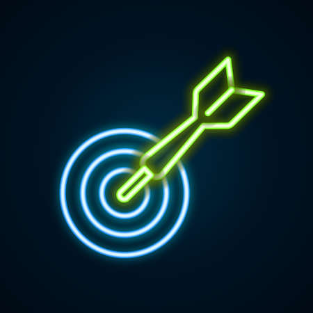 Glowing neon line Classic dart board and arrow icon isolated on black ...