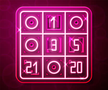 Glowing neon line Bingo card with lucky numbers icon isolated on red ...
