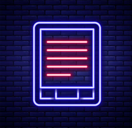 Glowing neon line E-Book reader icon isolated on brick wall background ...