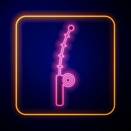 Glowing neon Fishing rod icon isolated on black background. Catch a big ...