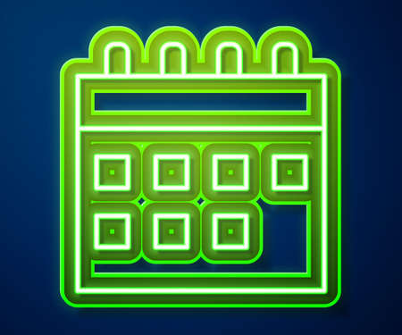 Glowing neon line Calendar icon isolated on blue background. Event ...