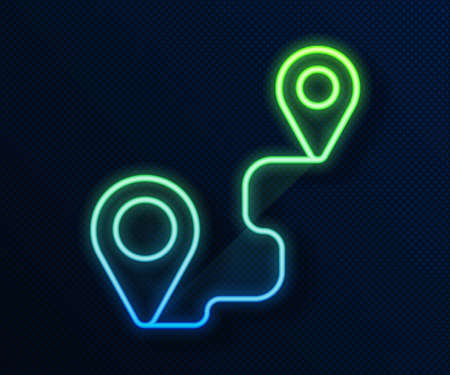 Glowing neon line Route location icon isolated on blue background. Map ...