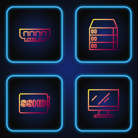 Set line Computer monitor screen, SSHD card, RAM, random access memory ...