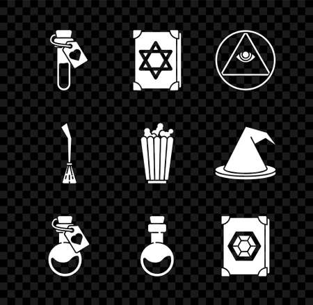 Set Bottle with love potion, Ancient magic book, Masons, Witches broom ...