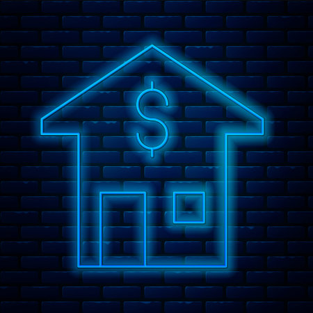 Glowing neon line House with dollar symbol icon isolated on brick wall ...