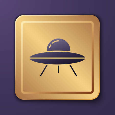 Purple UFO flying spaceship icon isolated on purple background. Flying ...