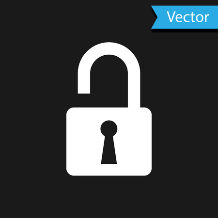 White Open padlock icon isolated on black background. Opened lock sign ...