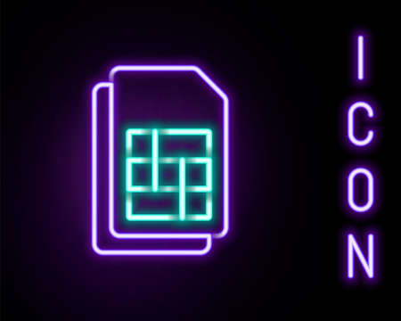 Glowing neon line Sim card icon isolated on black background. Mobile ...