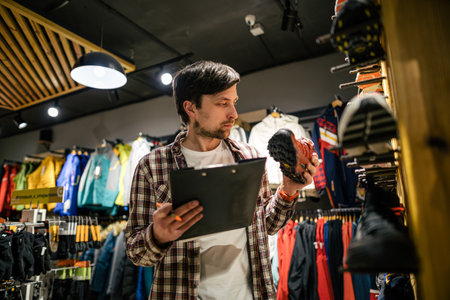 Sales assistant sports travel store makes inventory hiking boots ...