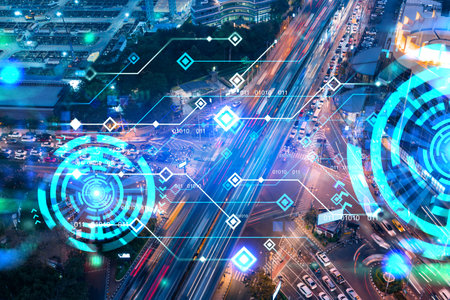 Technology hologram on aerial view of road, busy urban traffic highway ...