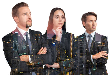 Three positive business people consultants in suits, crossed arms pose ...