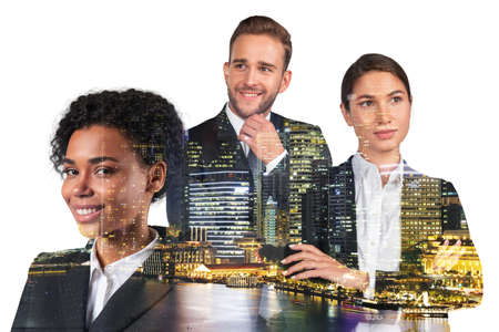 Three dreaming positive business people consultants in suits, crossed ...