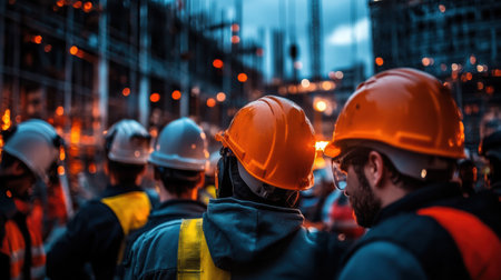 As daylight fades, a group of construction workers gathers closely ...