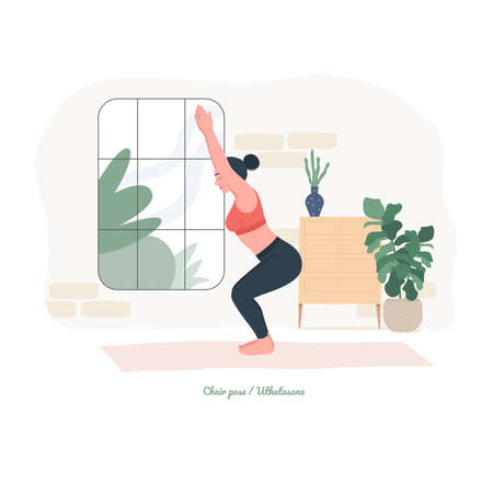 Chair Yoga pose. Young woman practicing yoga exercise. Woman workout ...