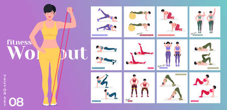 Women Workout Set. Women doing fitness and yoga exercises. Lunges ...