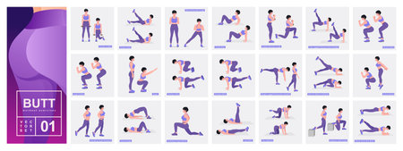 Women Workout Set. Women doing fitness and yoga exercises. Lunges ...