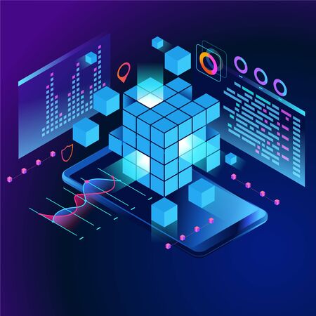 Data statistics Web Banner. Data visualization concept. 3d isometric ...