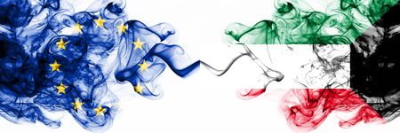 Eu, European Union vs Kuwait, Kuwaiti smoky mystic flags placed side by ...