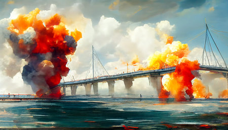 Bridge explosion on the sea.Military conflict.Conflict in Crimea ...