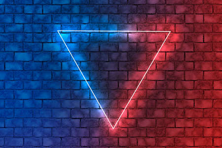 Neon triangle in the center.Red and blue neon light frame triangle in ...