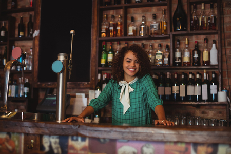 Portrait of beautiful female bar tender standing at bar counter - Stock ...