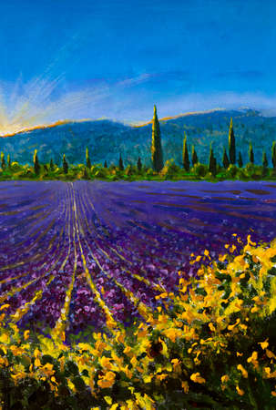 Oil painting nature landscape violet lavender field, yellow sunny ...