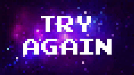 Pixel art space background with message Try Again:: tasmeemME.com
